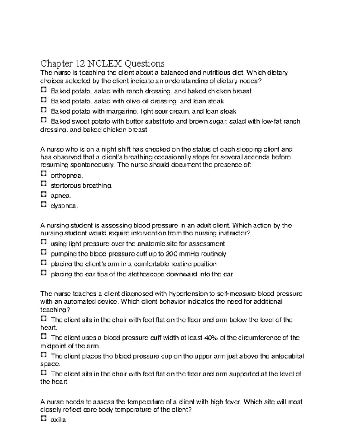 FUND1 ch. 12 nclex questions - Chapter 12 NCLEX Questions The nurse is ...