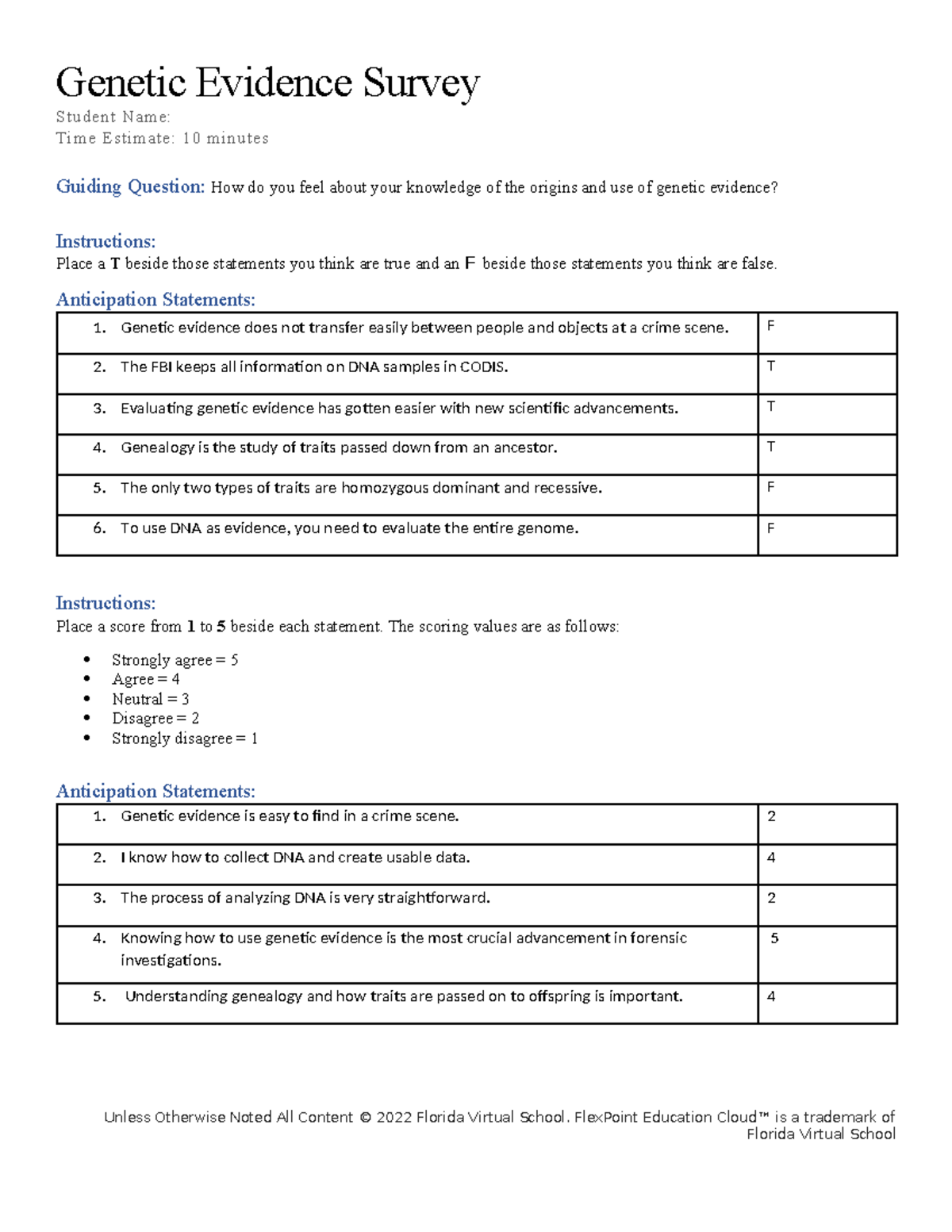 Survey - science - Genetic Evidence Survey Student Name: Time Estimate ...