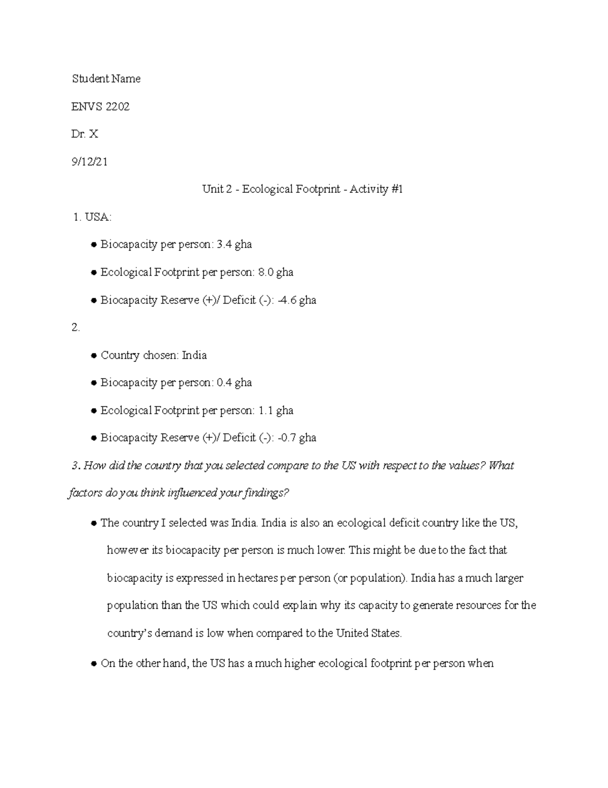 Unit 2 - Unit 2 - Ecological Footprint - Activity #1 with questions and ...