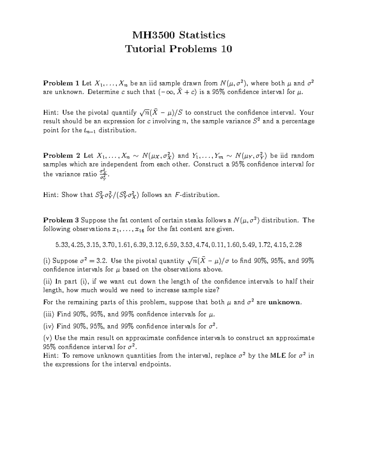 Tutorial 10 MH3500 Notes - MH3500 Statistics Tutorial Problems 10 ...