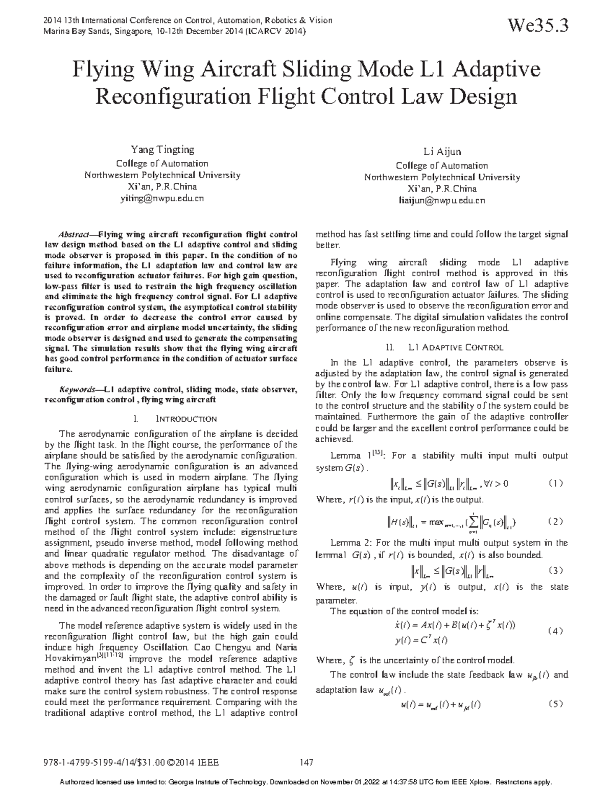 2014 Flying wing aircraft sliding mode LI adaptive reconfiguration flight control law design ...