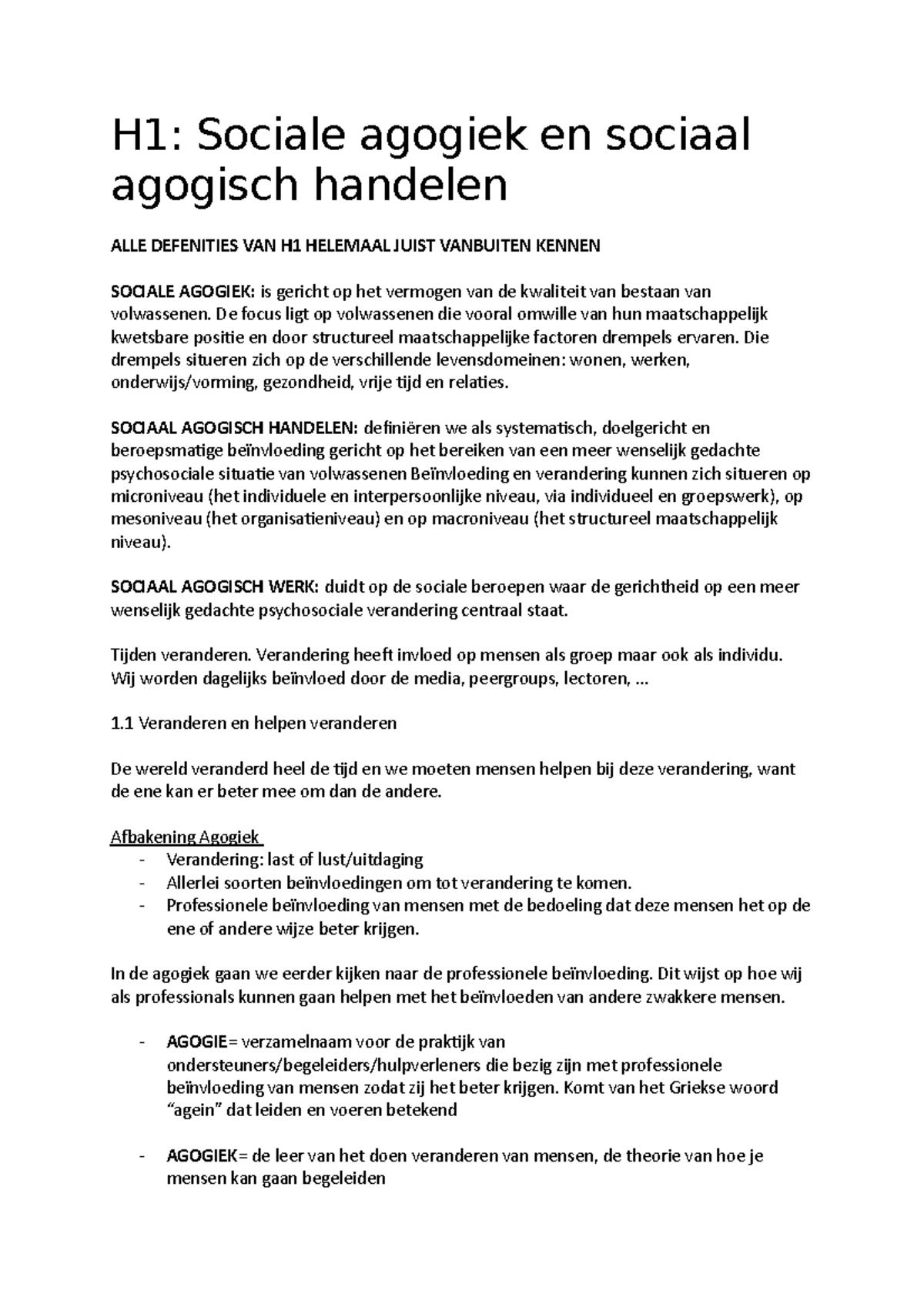 H1 Sociale agogiek en sociaal agogisch handelen - H1: Sociale agogiek ...