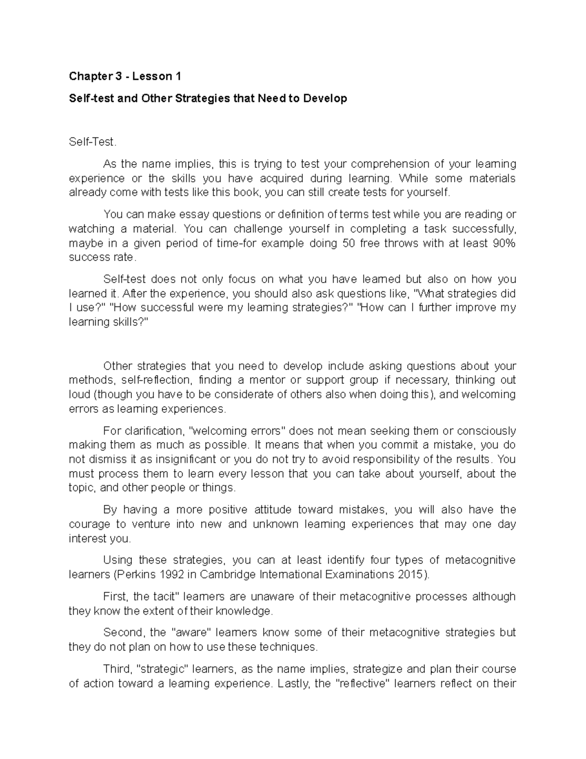 Self-test and Other Strategies that Need to Develop - Chapter 3 ...