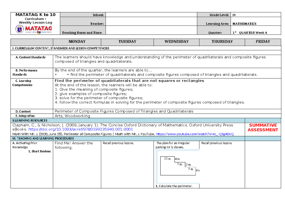 DLL Mathematics-4 Q1-W4- Final - MATATAG K to 10 Curriculum – Weekly Lesson Log School: Grade ...