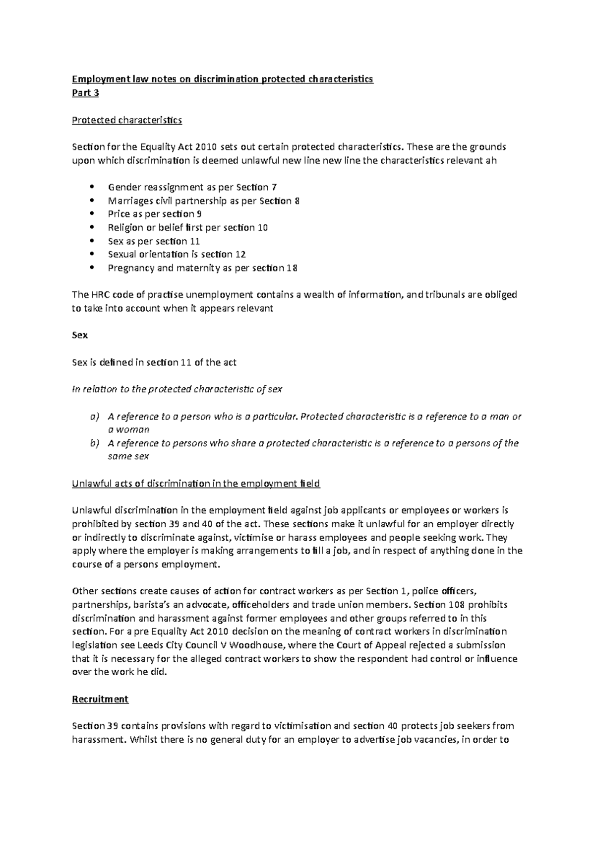 Employment law notes and introduction to protected characteristics and ...