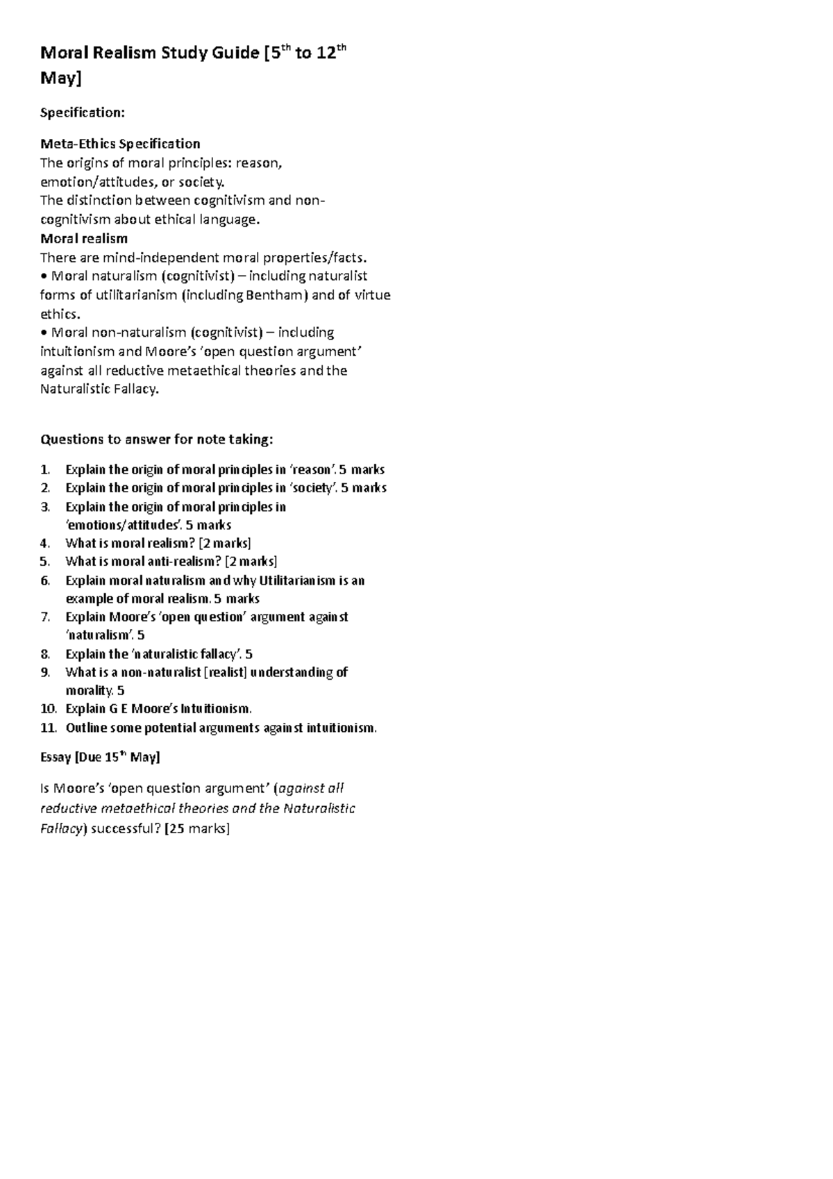 Moral Realism Qs 2023 - Moral Realism Study Guide [5th to 12th May ...