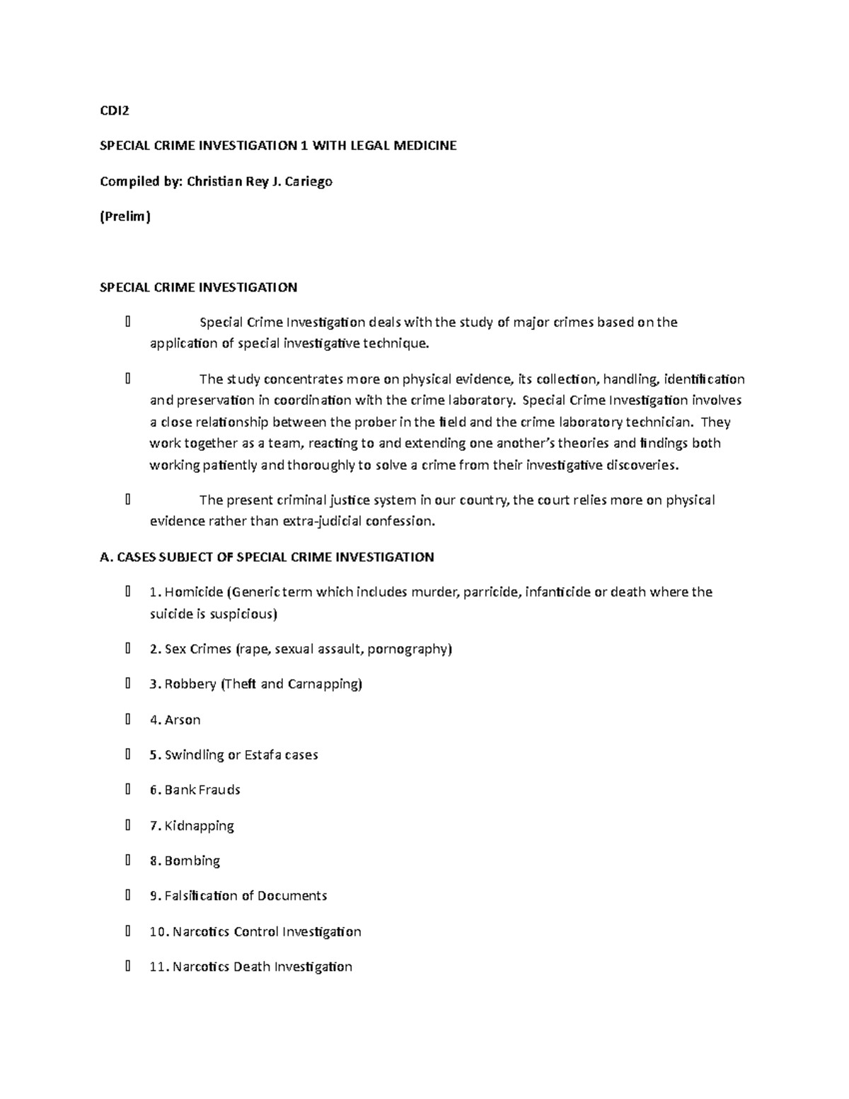 CDI2 handouts Prof Cariego - CDI SPECIAL CRIME INVESTIGATION 1 WITH ...
