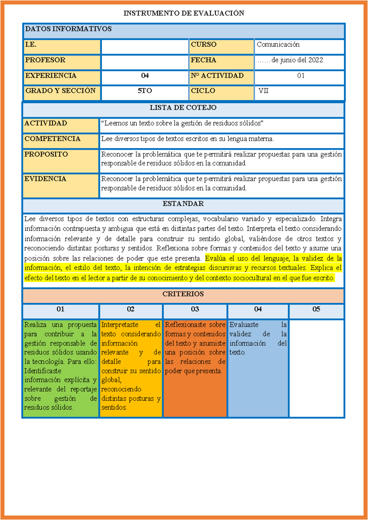 (5TO) 4 Instrumento DE EVAL DE COM - INSTRUMENTO DE EVALUACIÓN DATOS INFORMATIVOS I. CURSO - Studocu