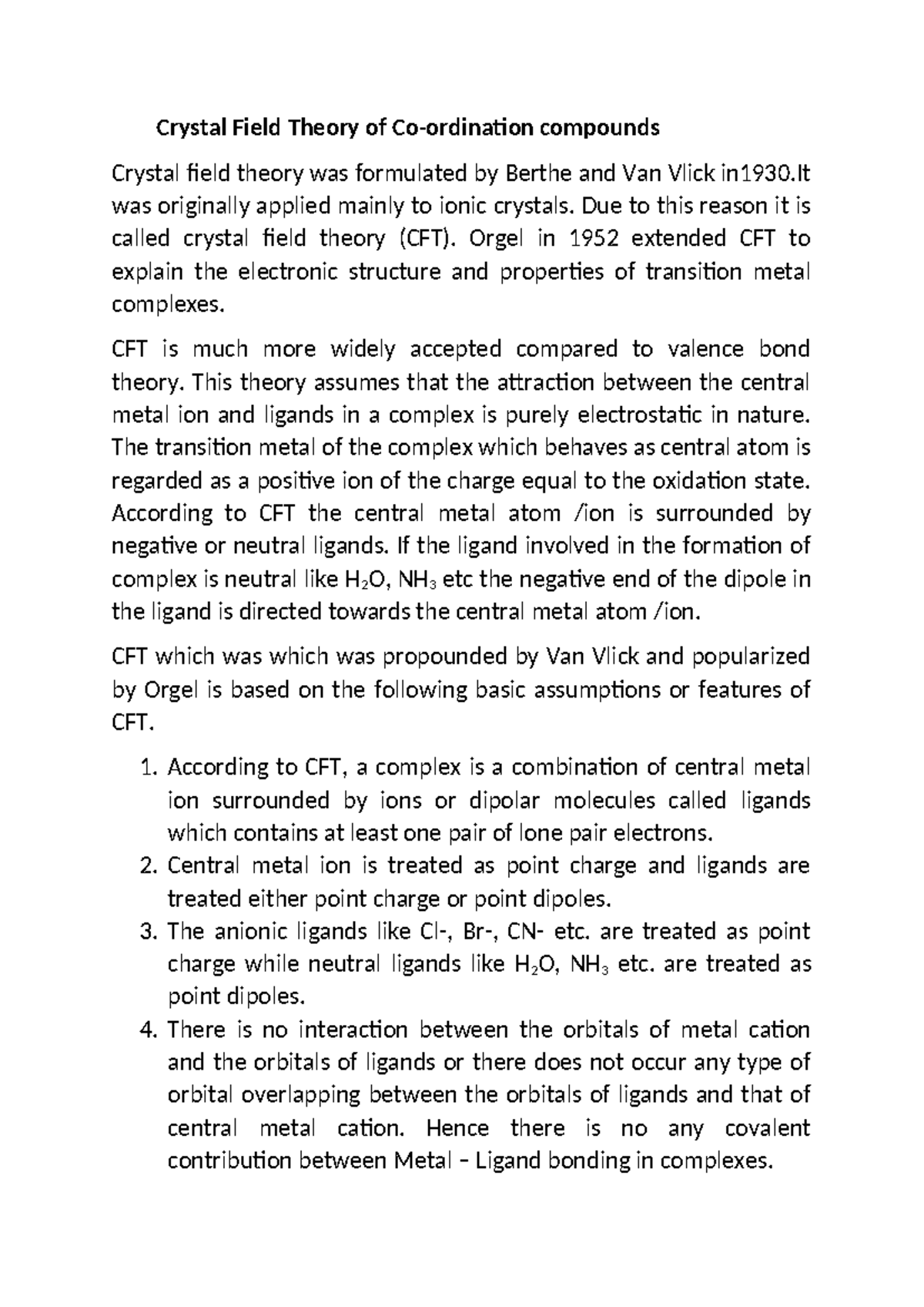 Crystal Field Theory - note - Crystal Field Theory of Co-ordination ...