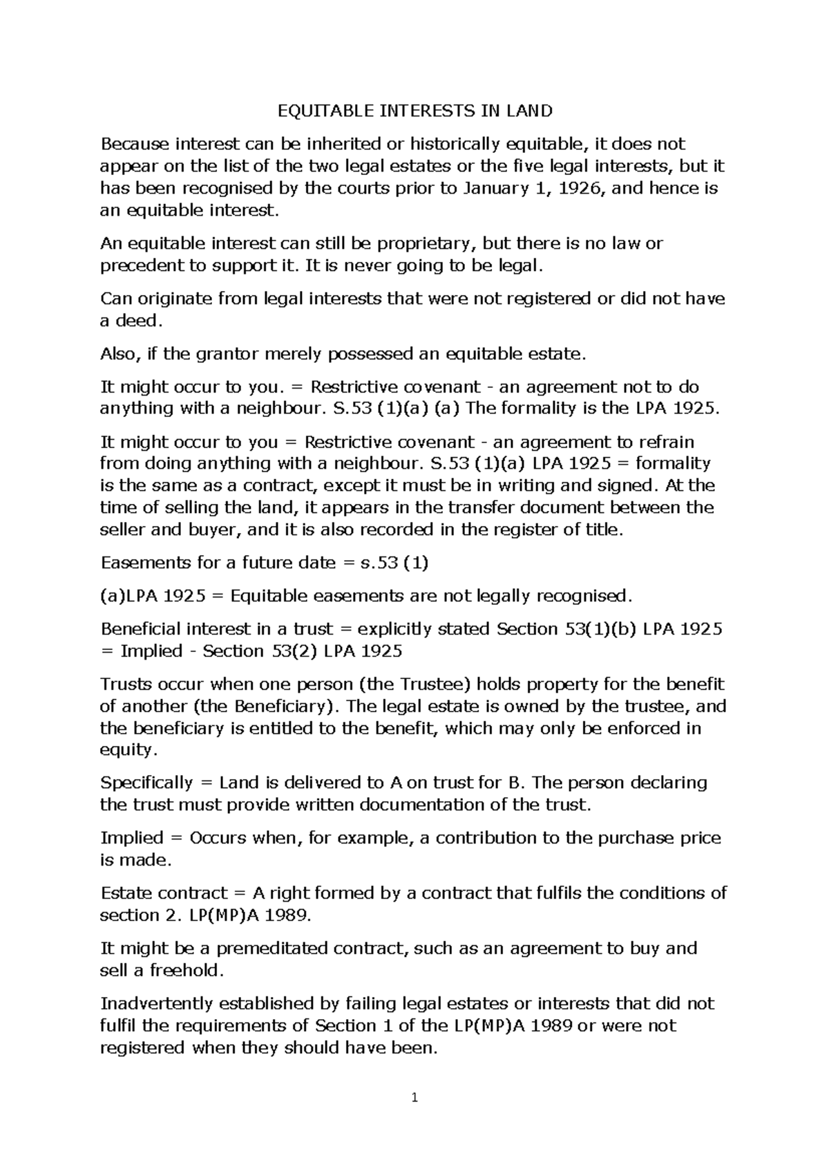 Interests IN LAND - EQUITABLE INTERESTS IN LAND Because interest can be inherited or ...