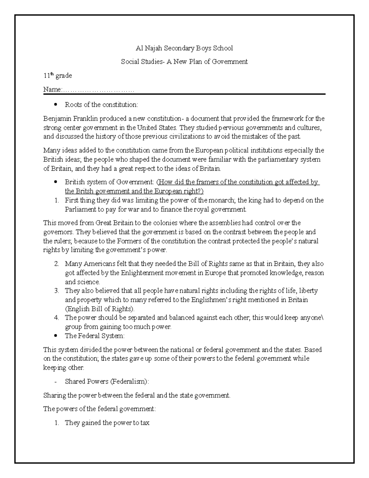 A new plan of government - Al Najah Secondary Boys School Social ...