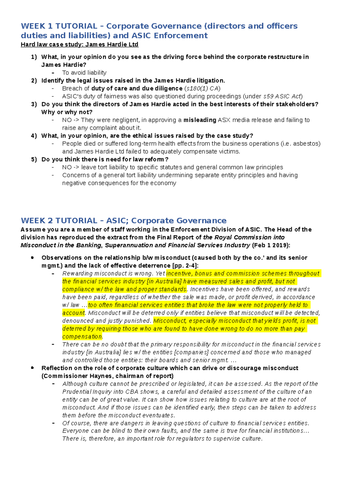 Tutorial notes - WEEK 1 TUTORIAL – Corporate Governance (directors and ...