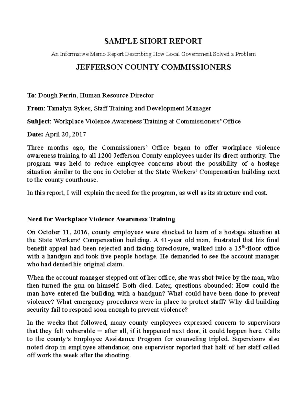 Sample Short Report - BC21 - SAMPLE SHORT REPORT An Informative Memo ...