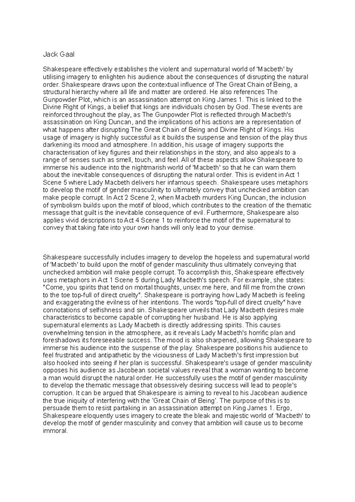 Shakespeare Assignment - Jack Gaal Shakespeare effectively establishes ...