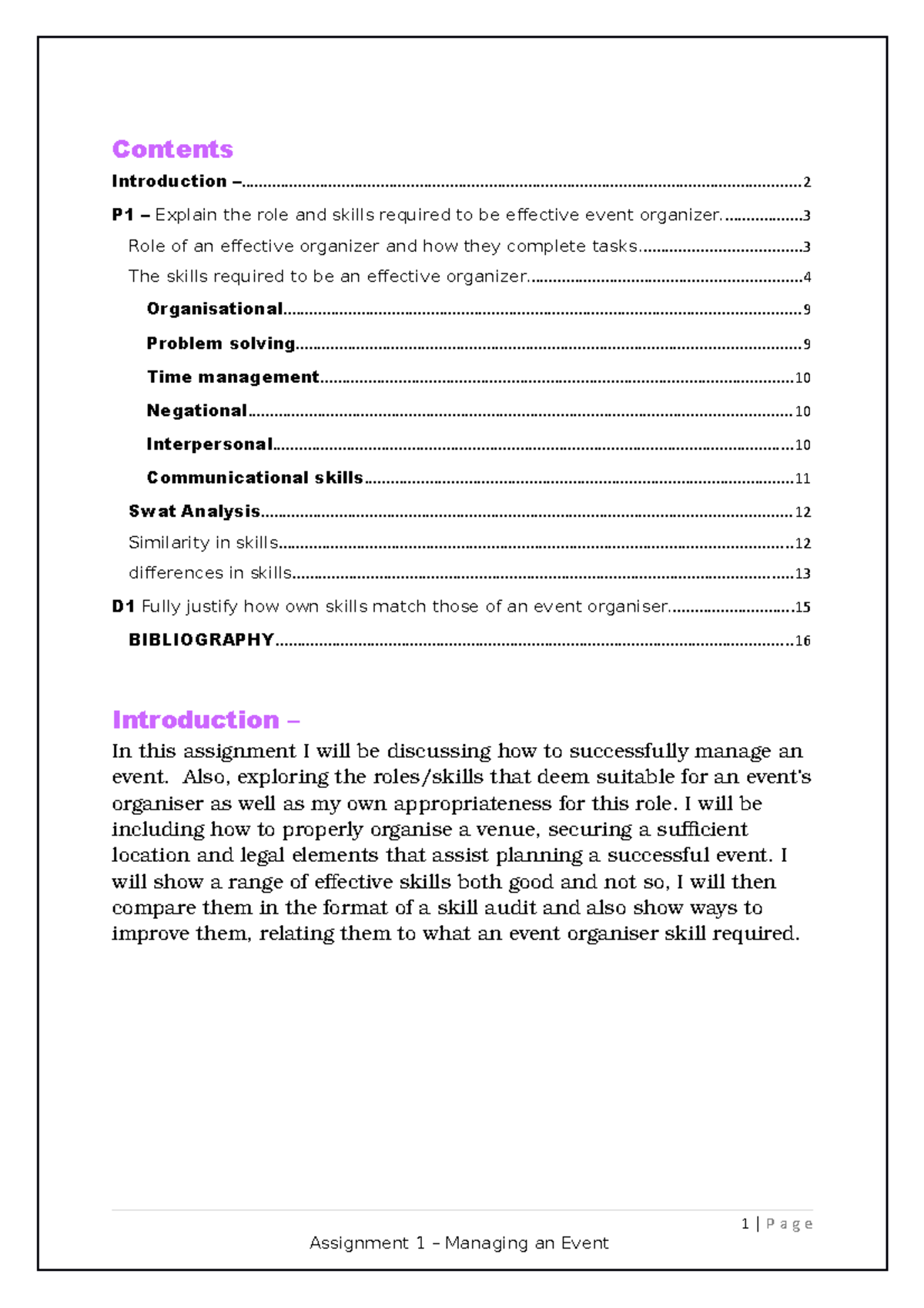 Event assignment - Grade: A - Contents Introduction - Studocu