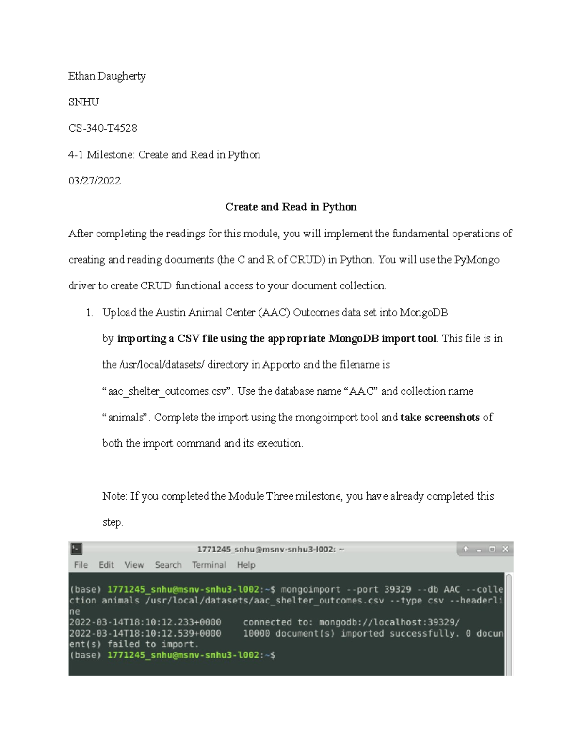 CS 340 Mod4 Milestone Example - Ethan Daugherty SNHU CS-340-T 4-1 Milestone: Create and Read in ...