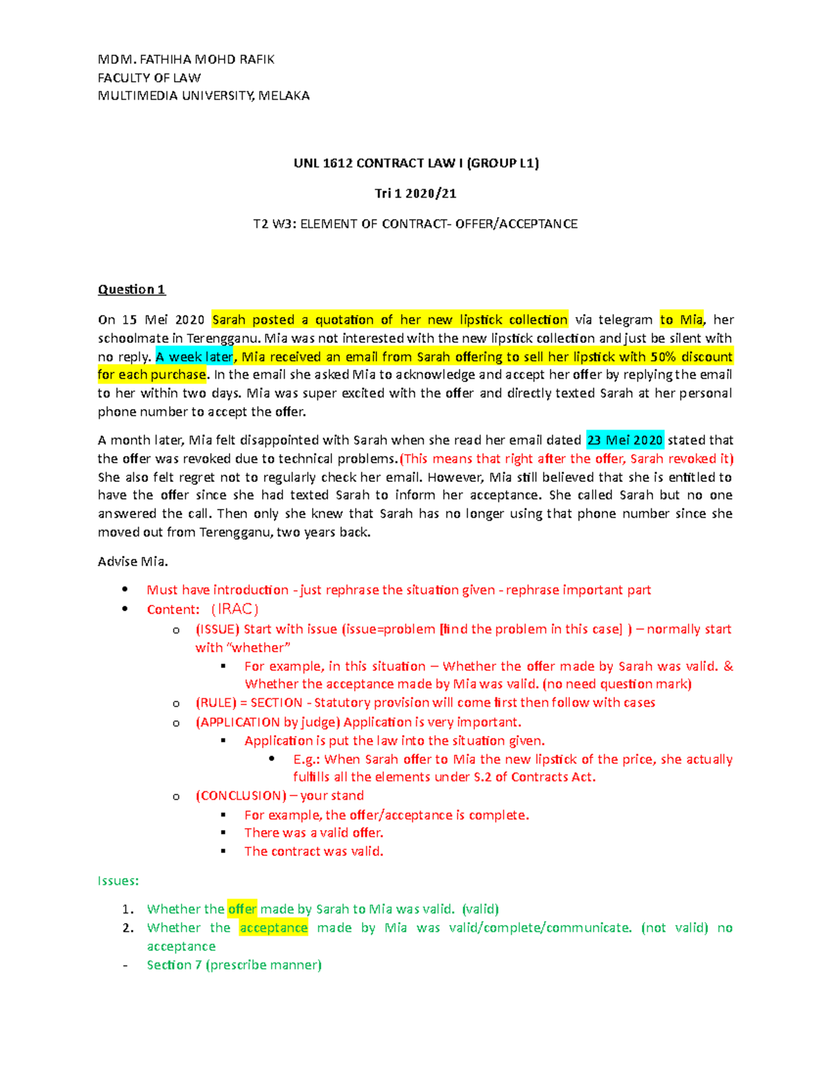 343182 T2 W3 - MDM. FATHIHA MOHD RAFIK FACULTY OF LAW MULTIMEDIA UNIVERSITY, MELAKA UNL 1612 ...