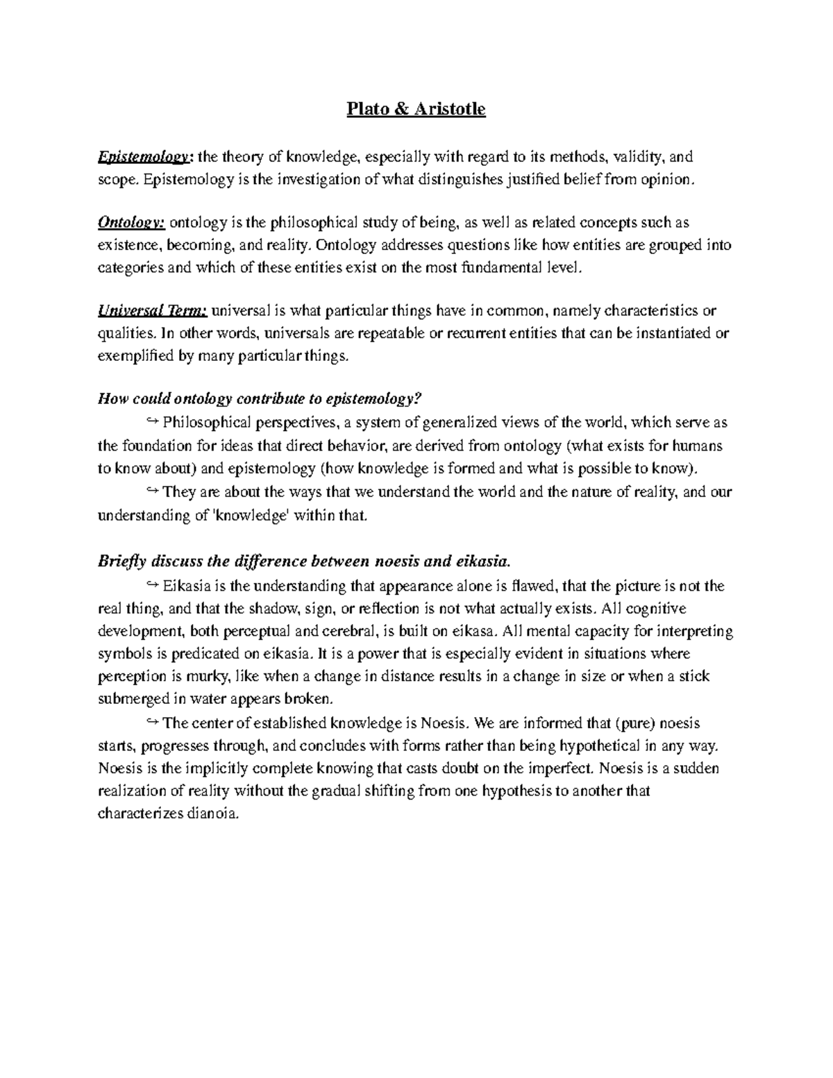Plato and Aristotle Notes - Plato & Aristotle Epistemology: the theory ...