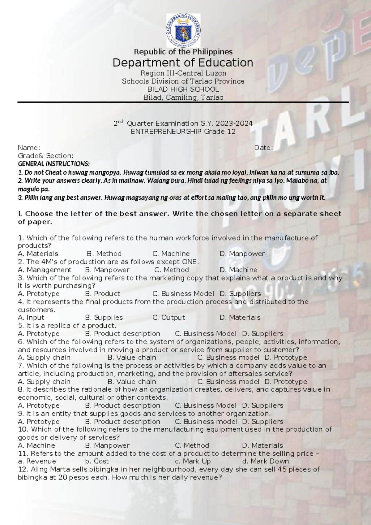 2nd Qtr Exam in Entrep - exam - Department of Education Region III ...