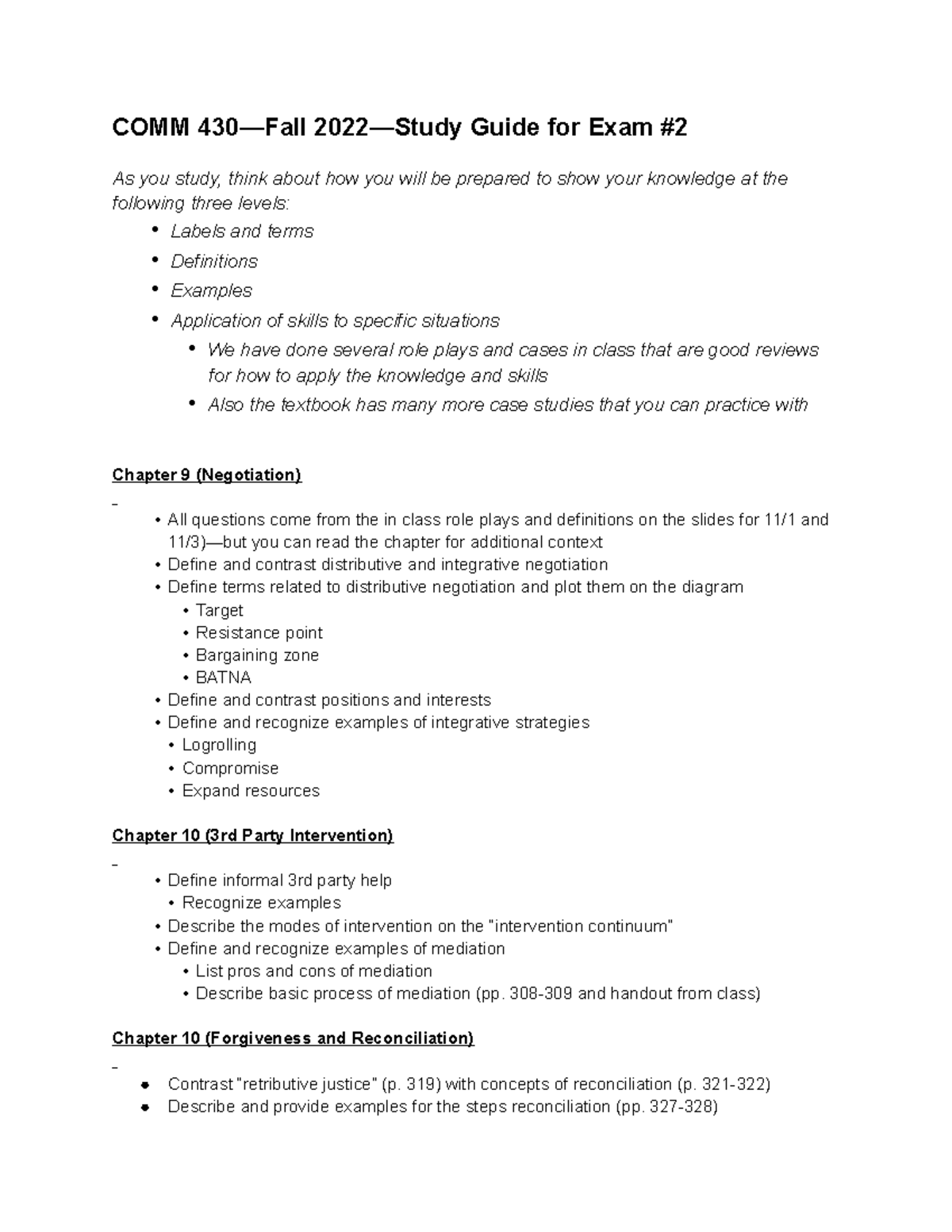 COMM 430—Fall 2022—Study Guide for Exam #2 - 308-309 and handout from ...