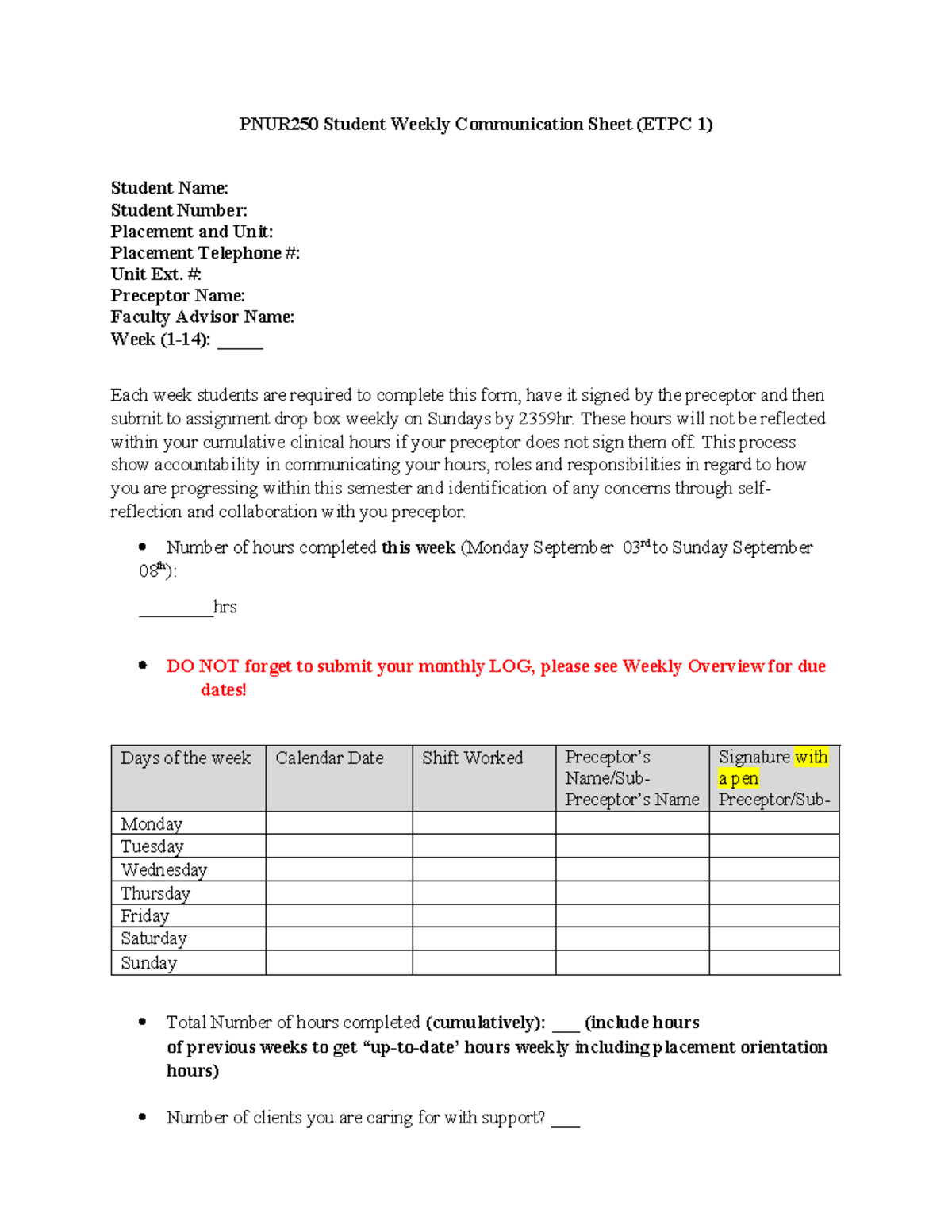 PNUR250 Weekly Communication Sheet - PNUR250 Student Weekly ...