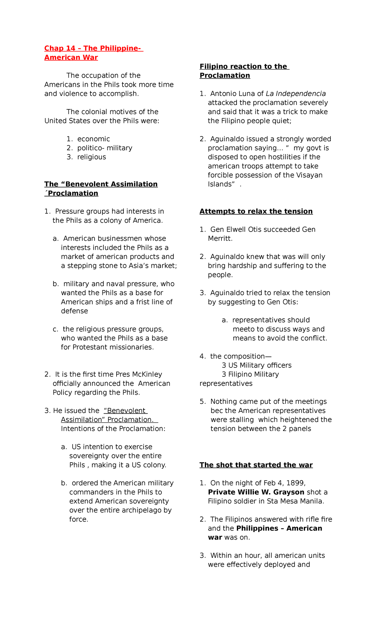 Phil History Summary Chap 14 - Chap 14 – The Philippine- American War ...