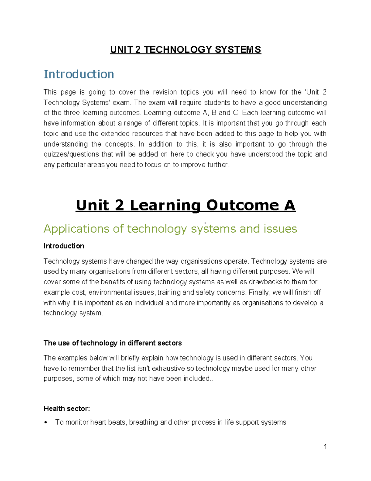Learning aim A Topics - UNIT 2 TECHNOLOGY SYSTEMS Introduction This ...