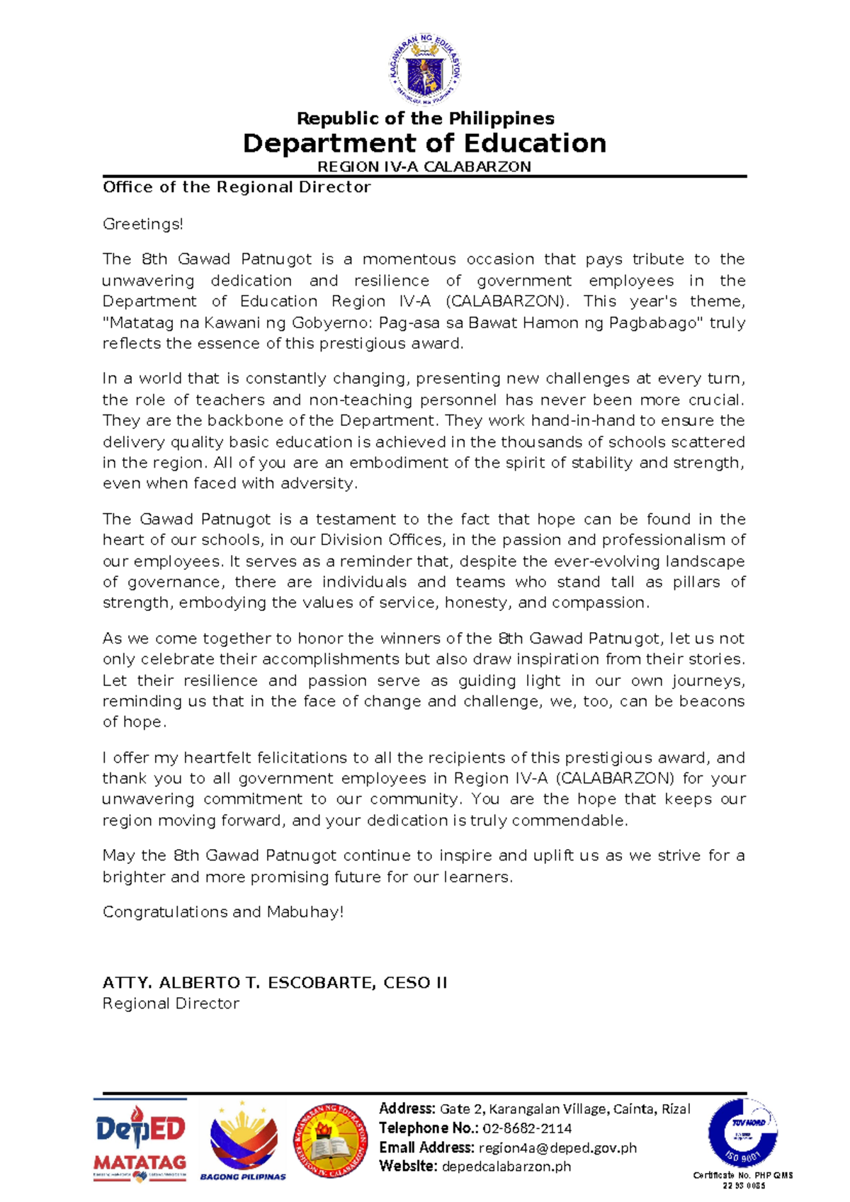 Message of RD Escobarte for 8th Gawad Patnugot - Certificate No. PHP ...