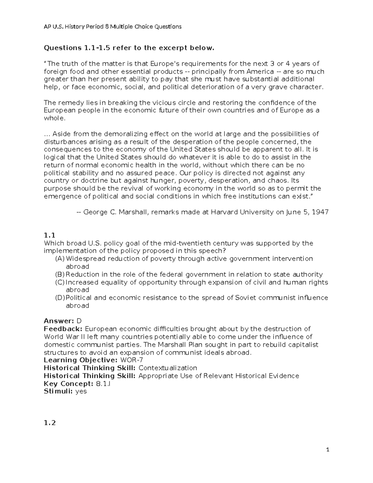 Period 8 New AP Multiple Choice Bank - Questions 1.1-1 refer to the ...