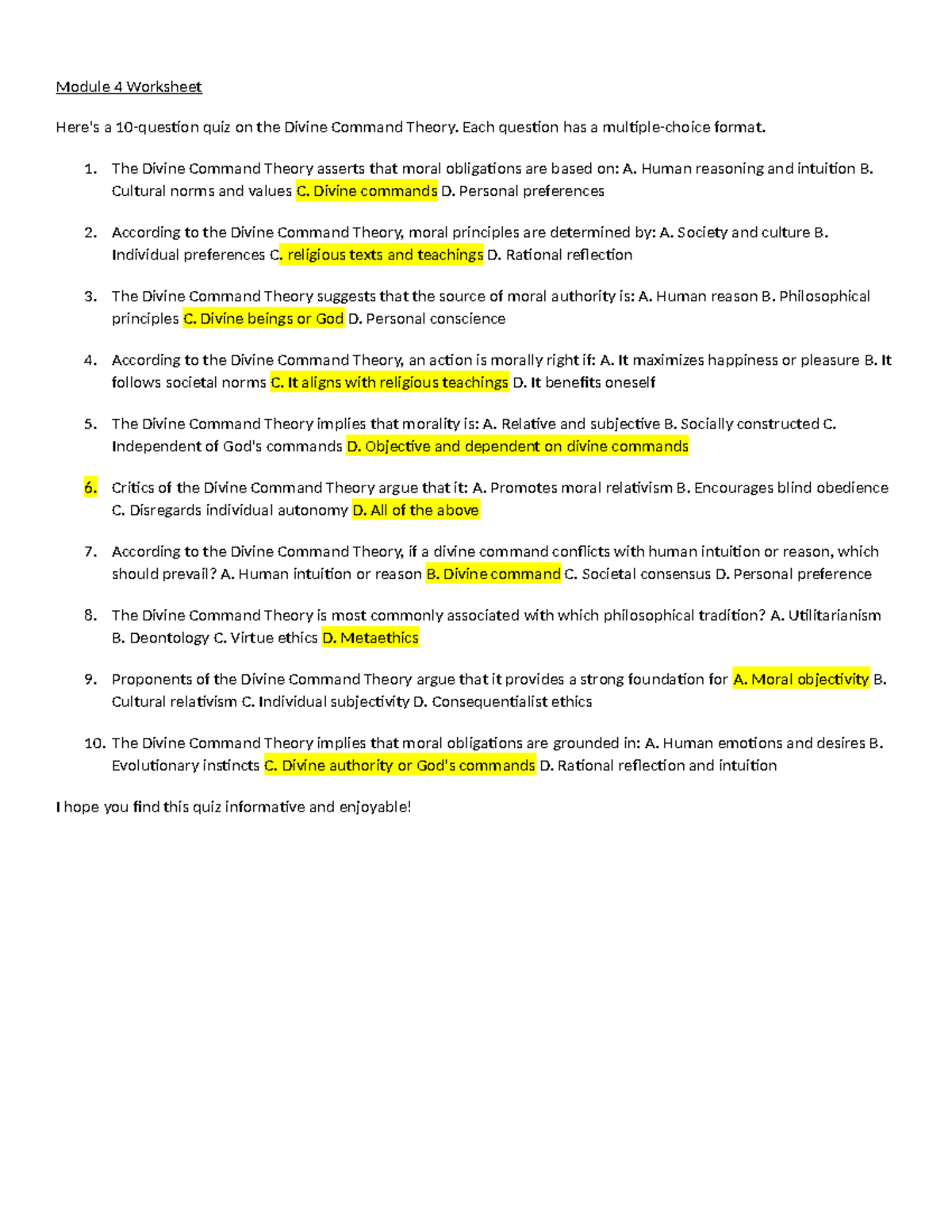 Module 4 worksheet stu - ASSINGMENT ANSWERS - Module 4 Worksheet Here's a 10-question quiz on ...