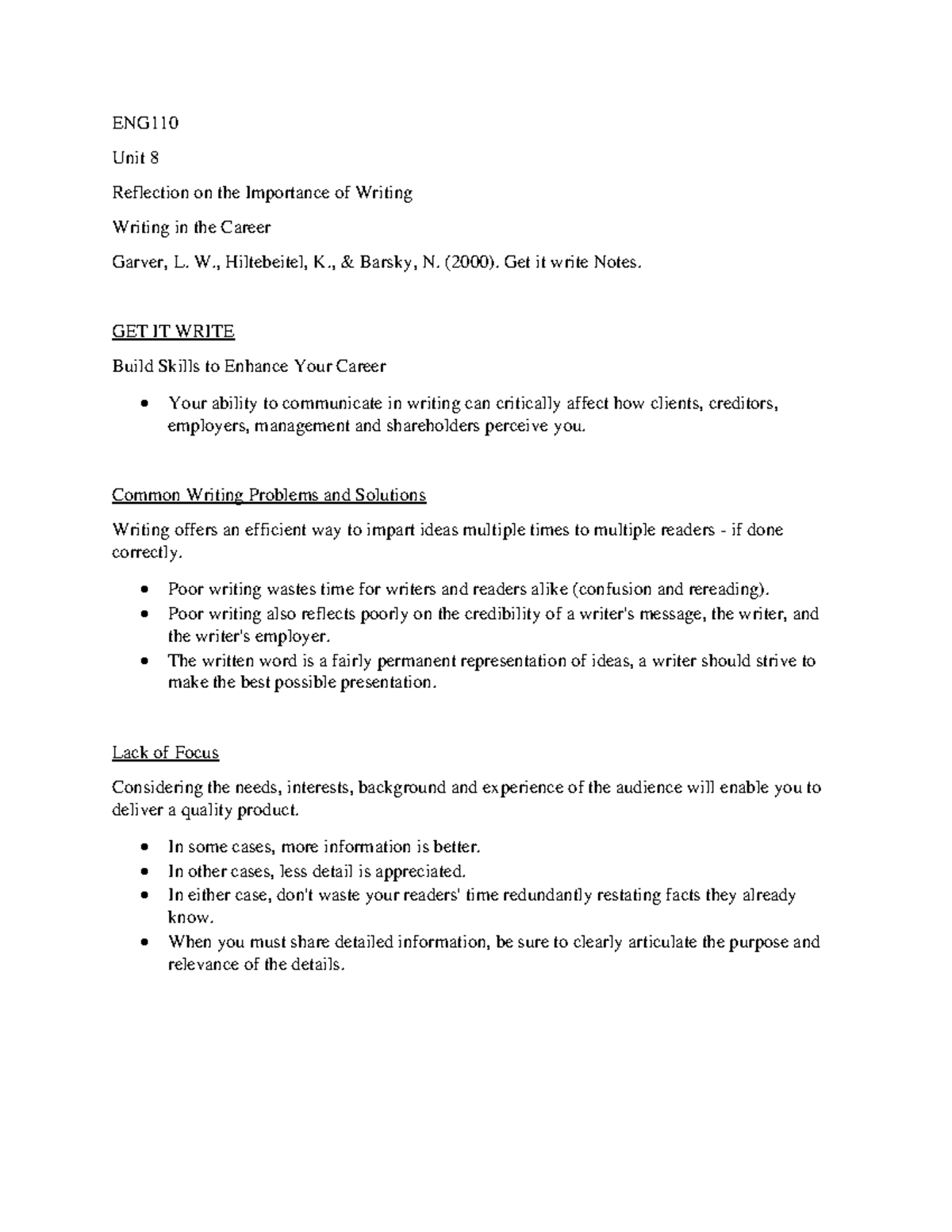 ENG110 Unit 8 Writing in the Career Get it Write Reading Notes - ENG ...