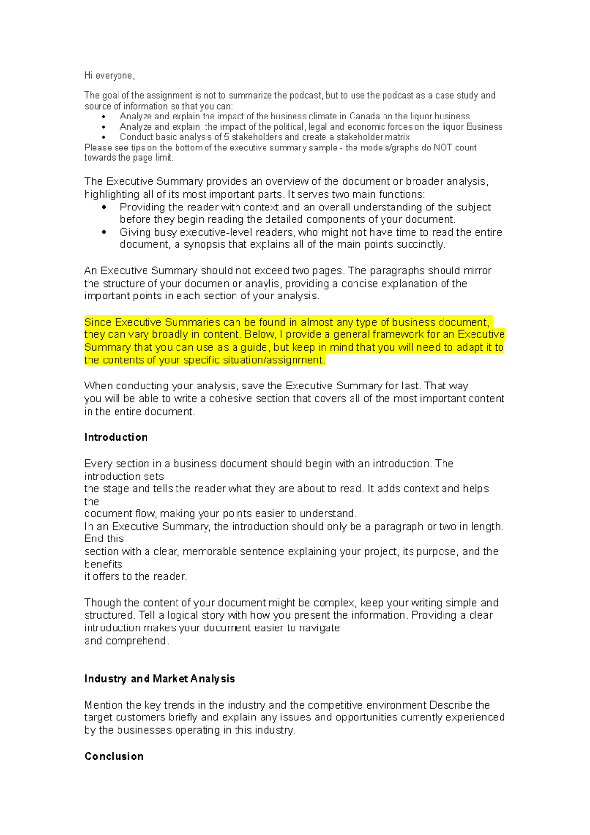 The Executive Summary provides an overview of the document or broader ...