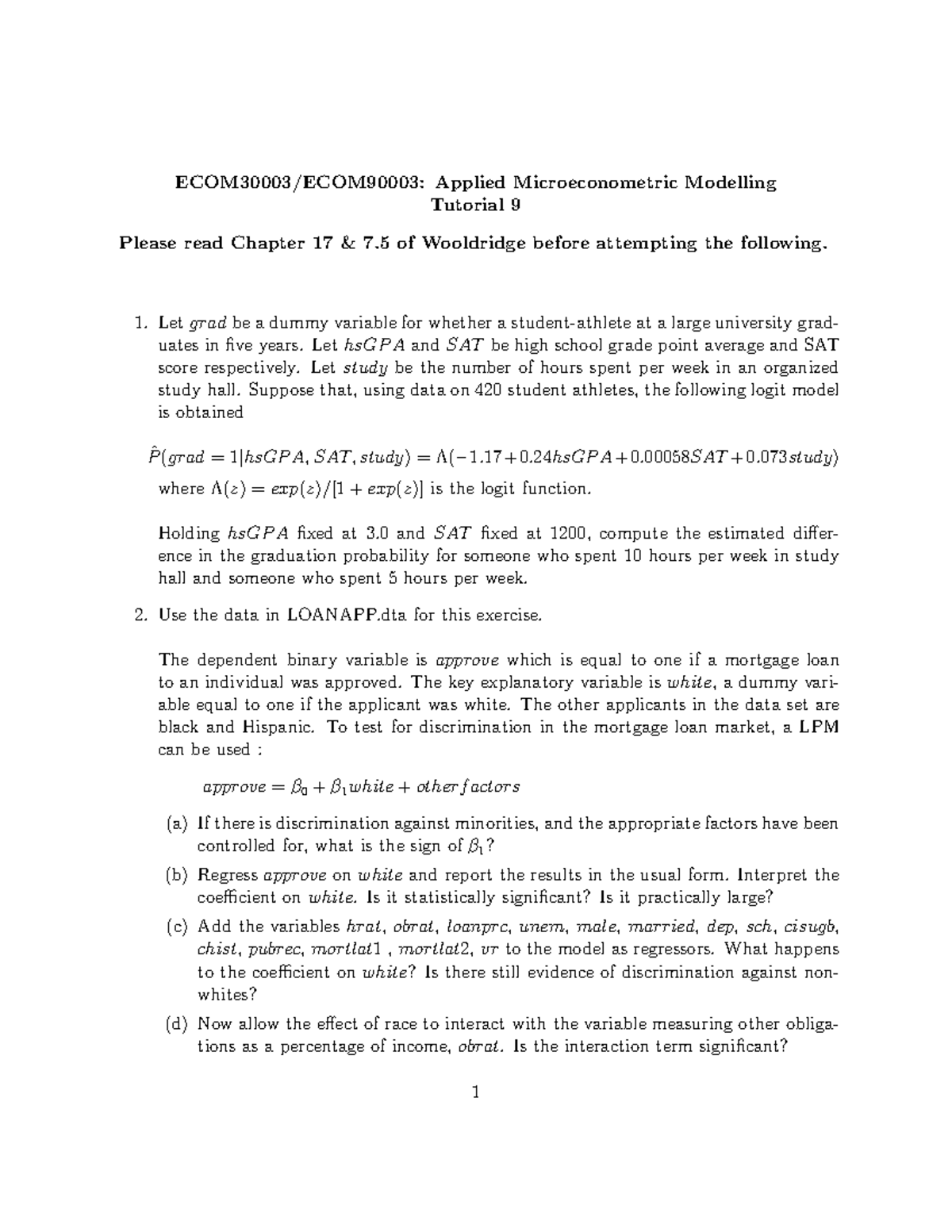 Tute 9 - tute9 - ECOM30003/ECOM90003: Applied Microeconometric ...