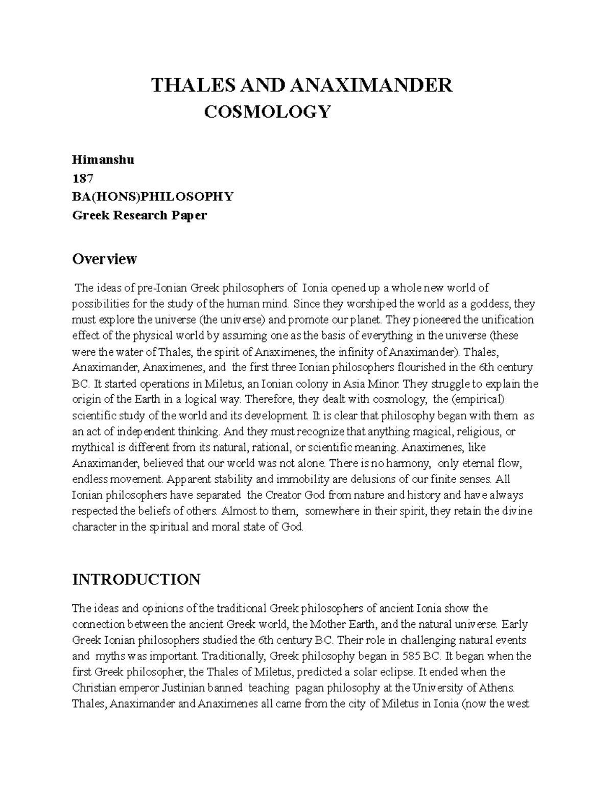 Himanshu(187)- Greek philosophy Research paper - THALES AND ANAXIMANDER ...