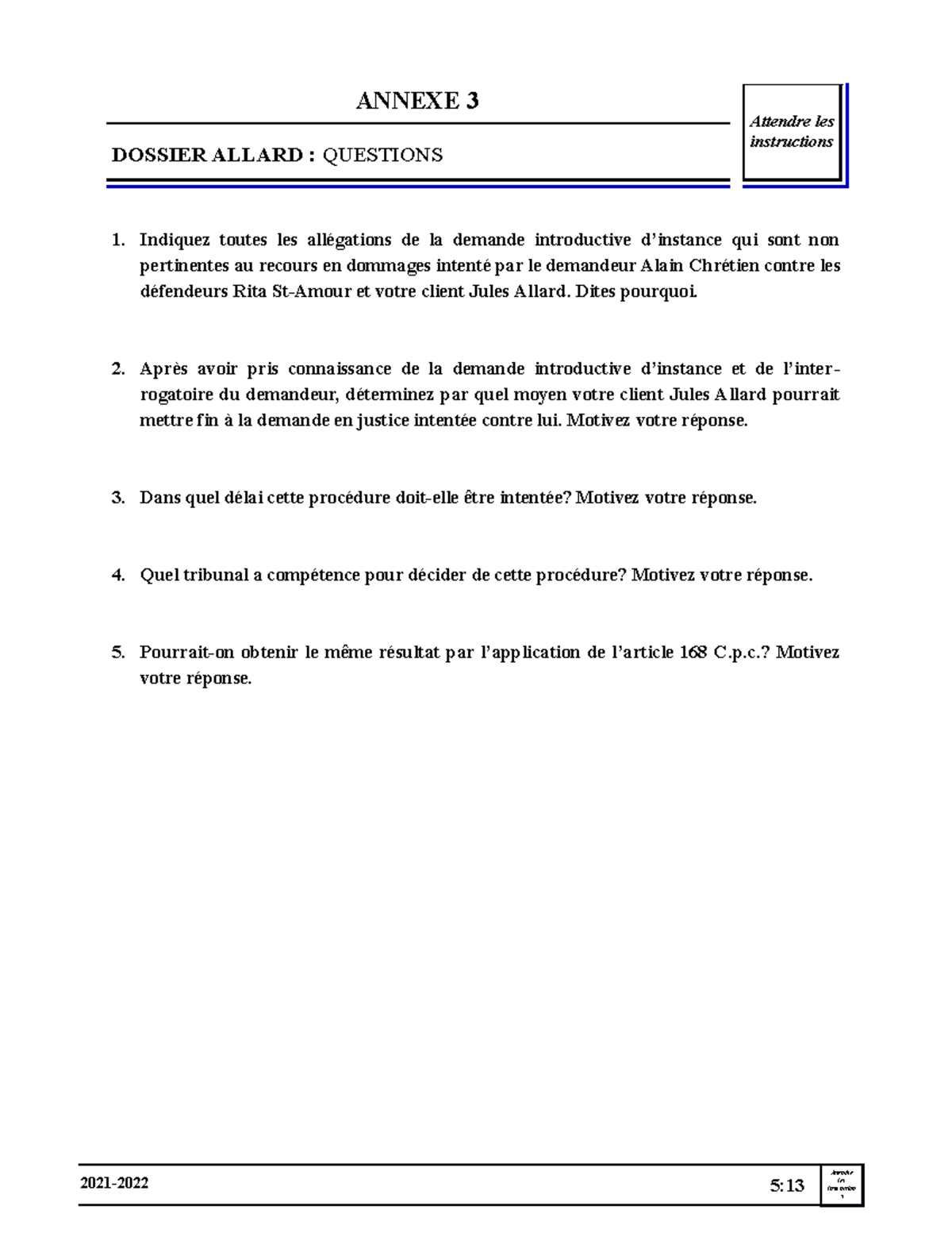 Jours 5- Annexe 3 (Questions de l'annexe 2) - ANNEXE 3 Attendre les ...