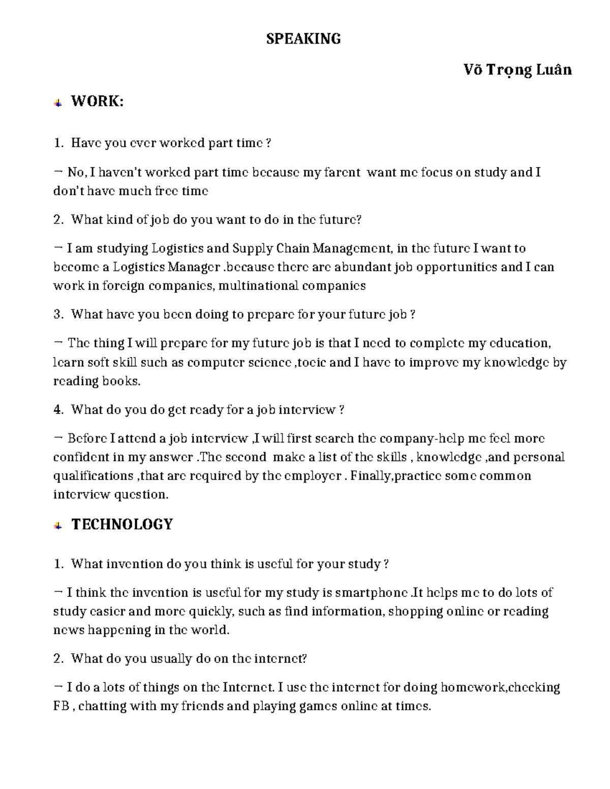 Bản sao ck AV2 - SPEAKING Võ Tr ọng Luân WORK: 1. Have you ever worked part time? → No, I haven ...
