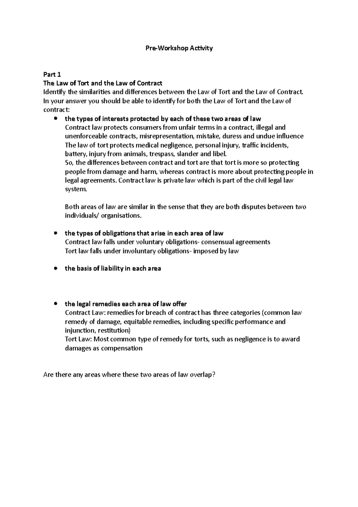 Pre-Workshop 3 - Pre-Workshop 3 - Pre-Workshop Activity Part 1 The Law of Tort and the Law of ...