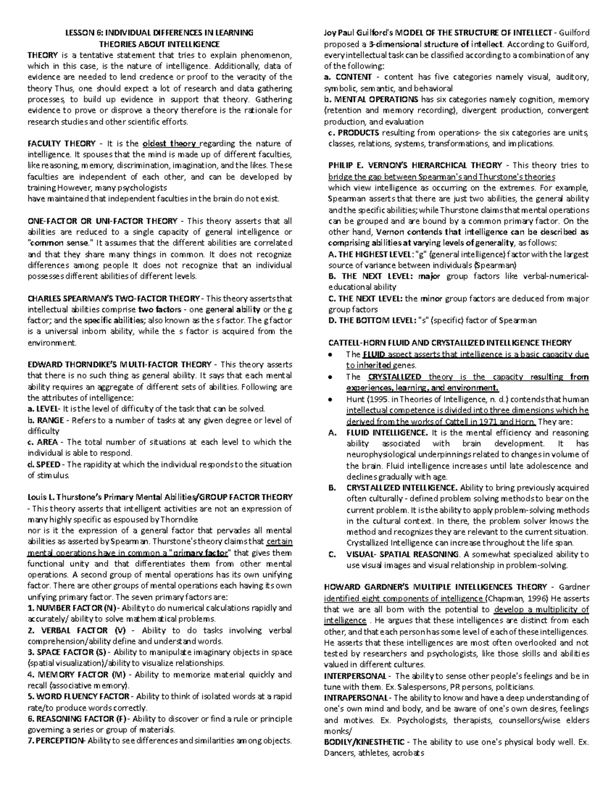 Facilitating Learner- Centered - LESSON 6: INDIVIDUAL DIFFERENCES IN ...