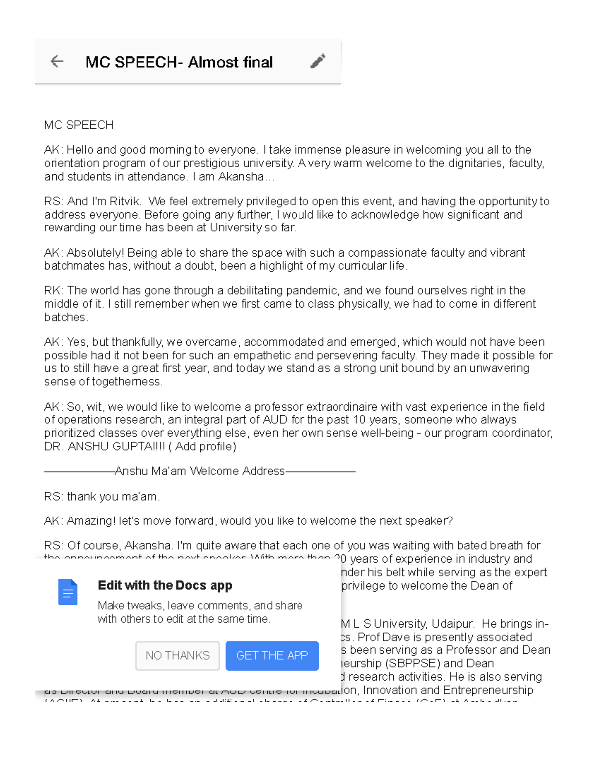 MC Speech- Almost final - MC SPEECH AK: Hello and good morning to ...