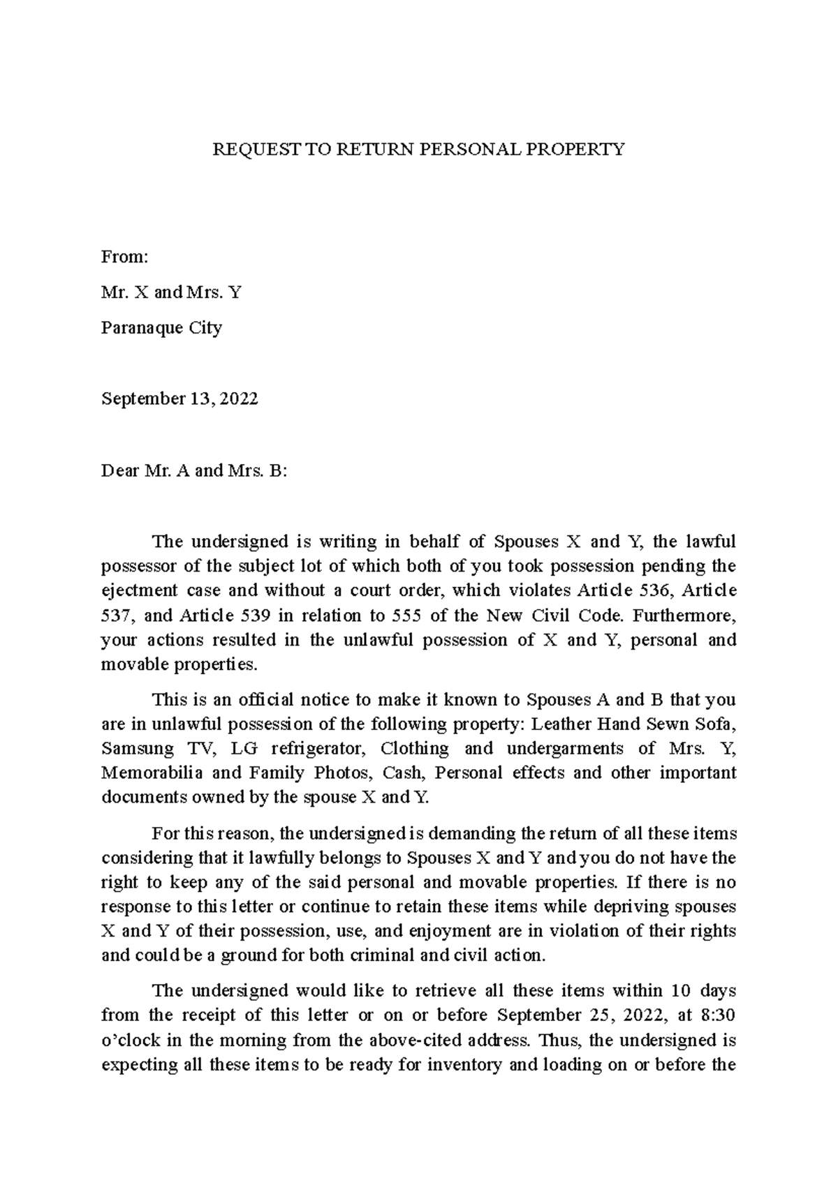 Assignment 1 - REQUEST TO RETURN PERSONAL PROPERTY From: Mr. X and Mrs ...
