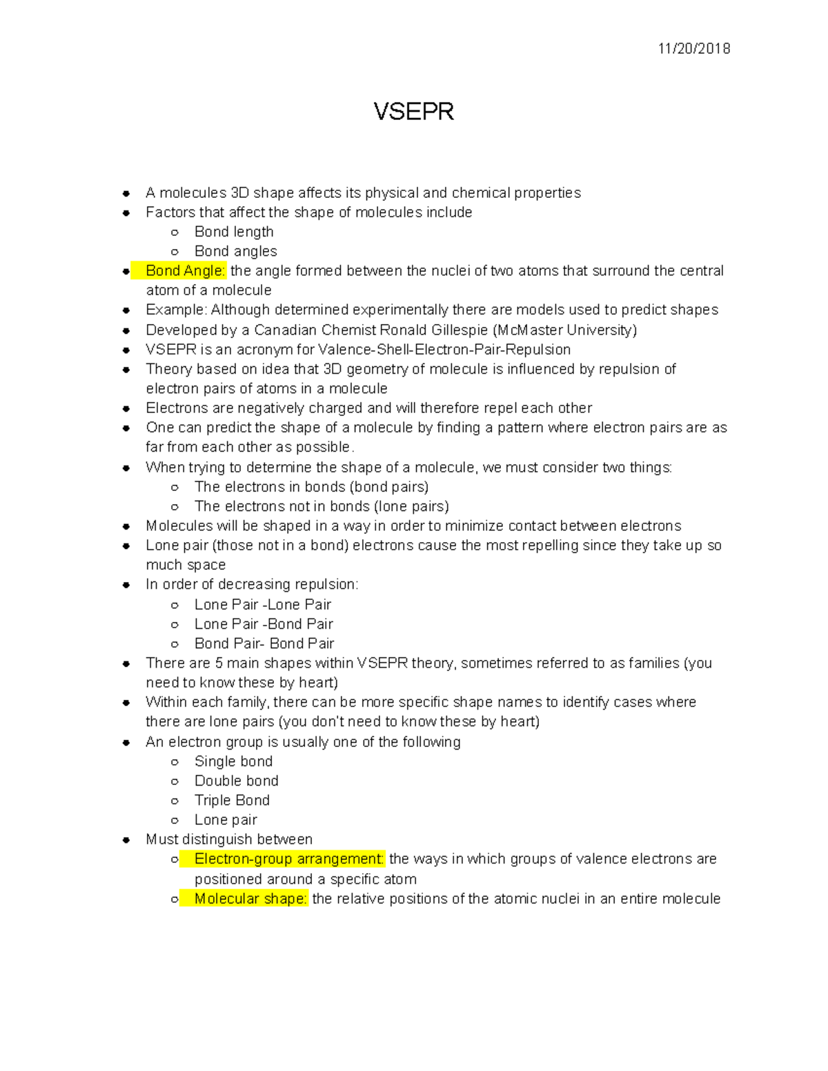 4.3 Vsepr - Notes - VSEPR A molecules 3D shape affects its physical and ...