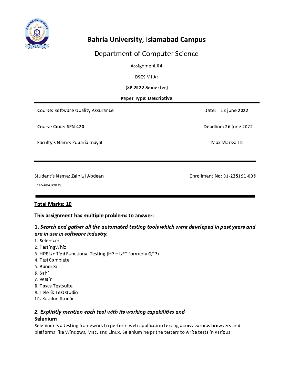 Assignment 4 - Bahria University, Islamabad Campus Department of Computer Science Assignment 04 ...