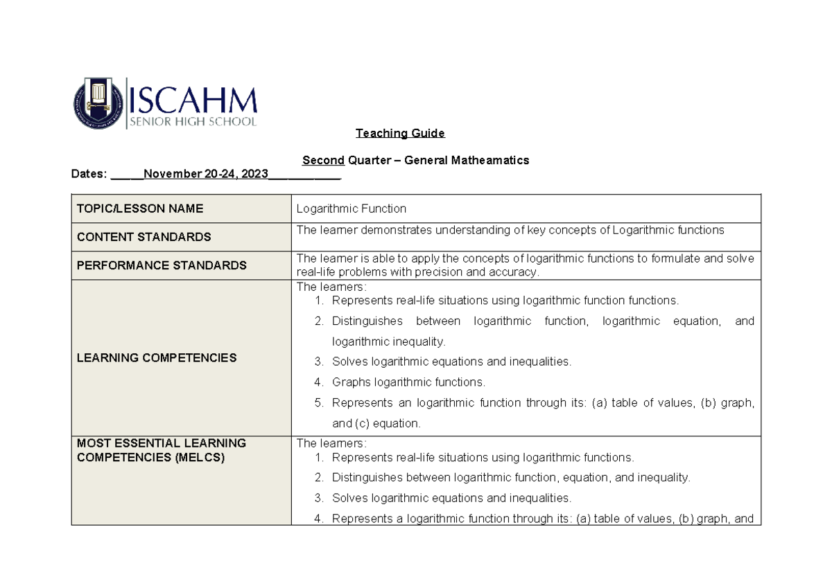 TEACHING GUIDE-GENMATH-LOGARITHMIC FUNCTION - Teaching Guide Second Quarter – General ...