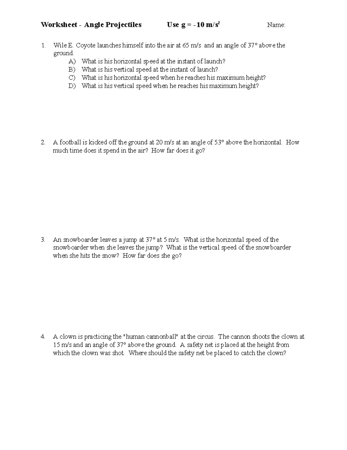 Angle Projectiles - practice - Worksheet - Angle Projectiles Use g ...
