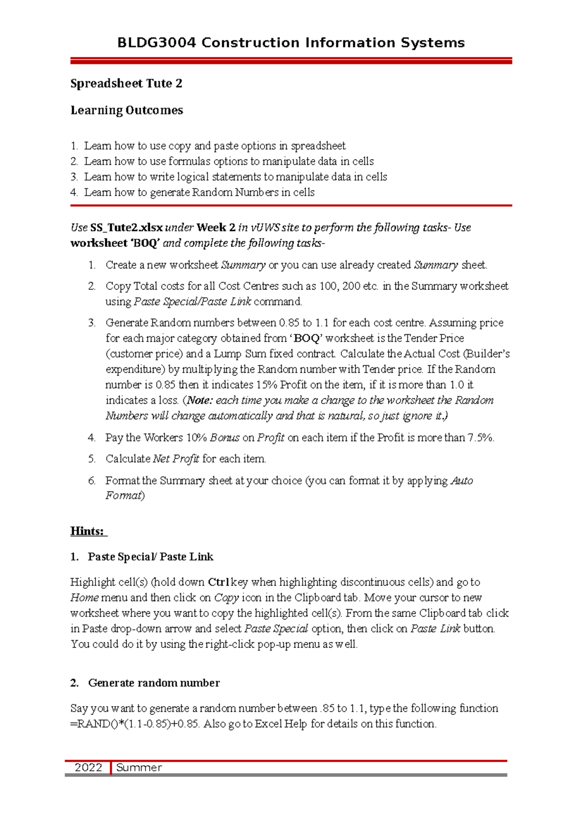 SS Tute 2-2022 Summer A - sdvsdv - BLDG3004 Construction Information ...