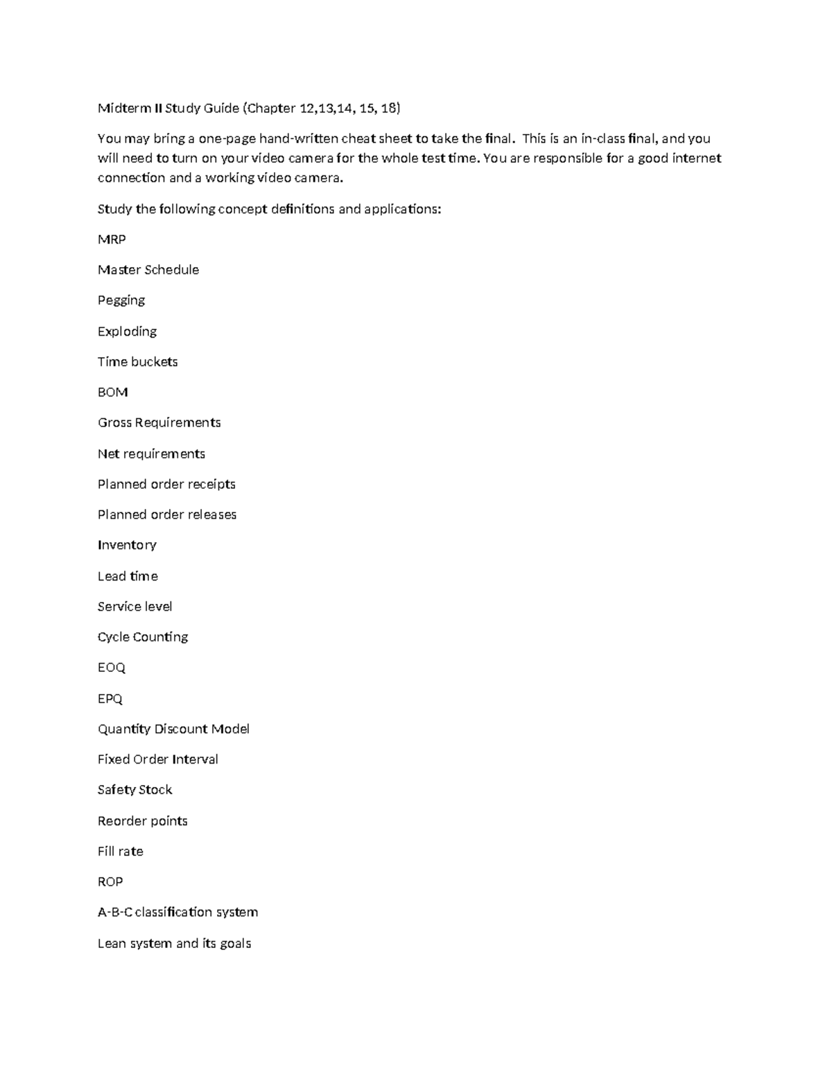 Midterm II Study Guide - This is an in-class final, and you will need ...