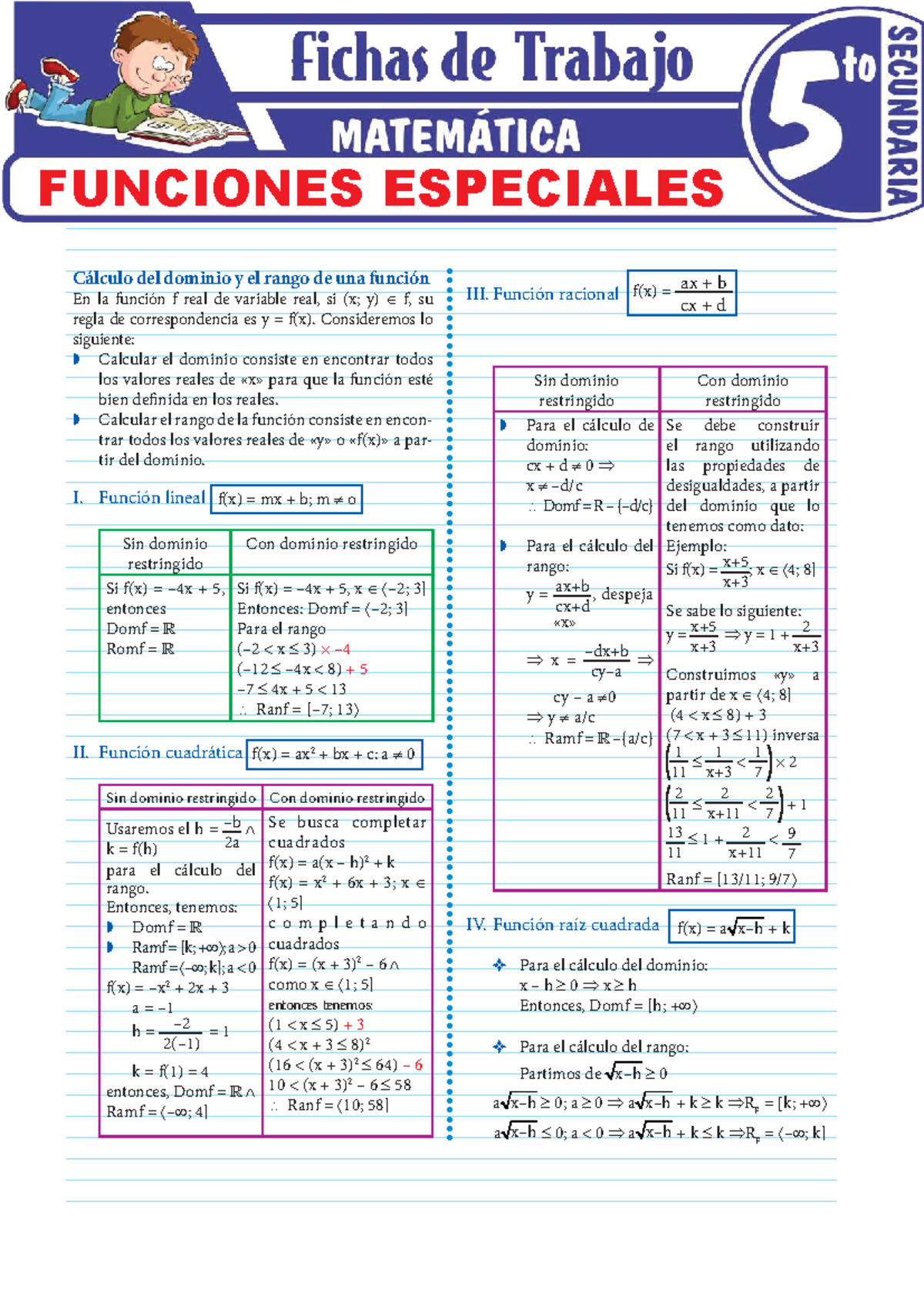 Funciones especiales para Quinto Grado de Secundaria - Cálculo del dominio y el rango de una ...