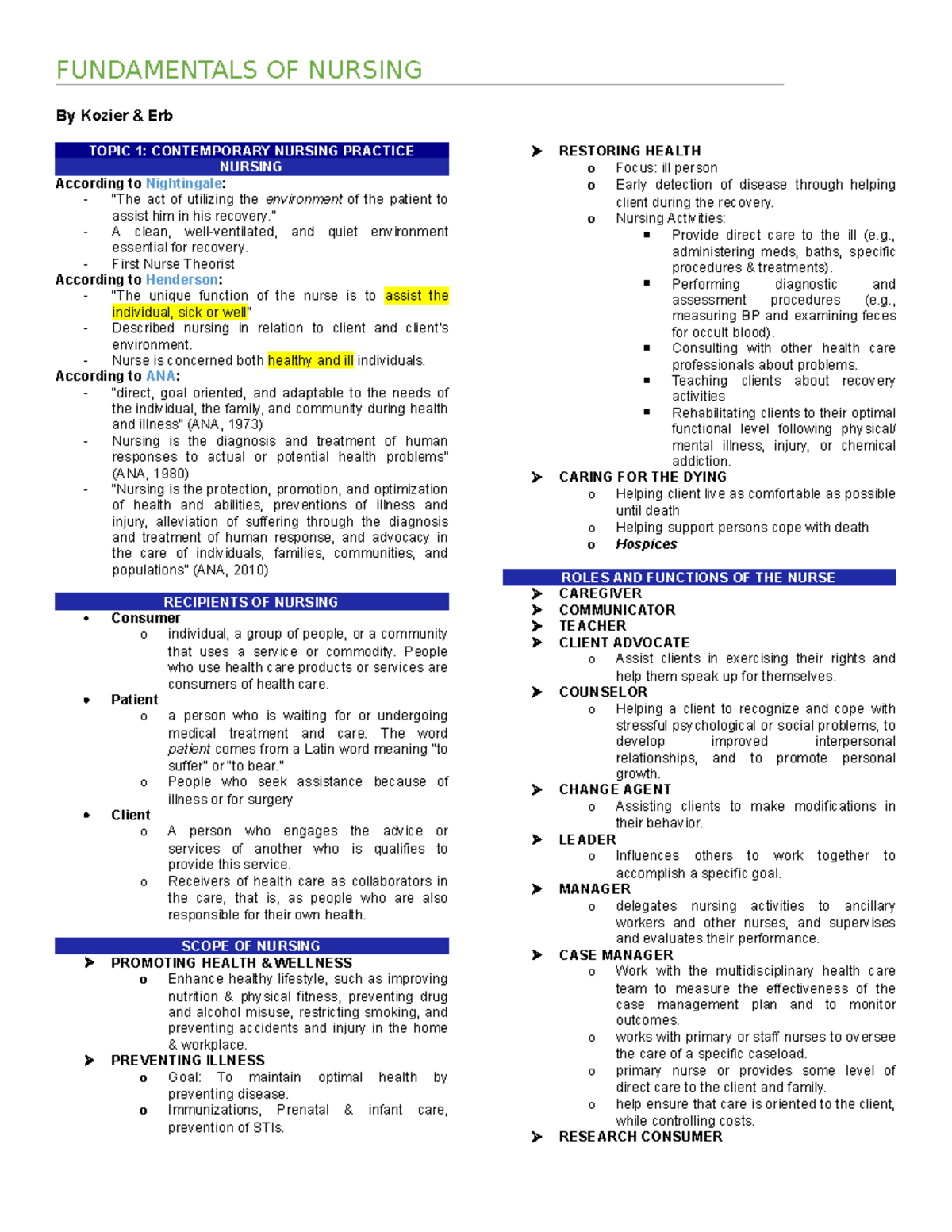 Fundamentals of Nursing - By Kozier & Erb TOPIC 1: CONTEMPORARY NURSING ...