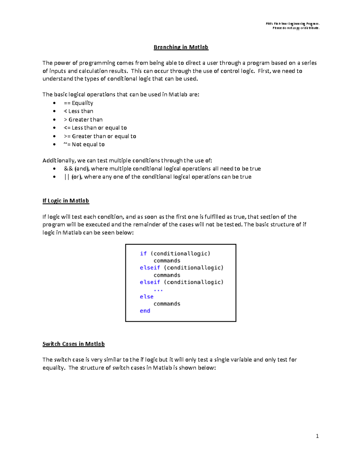 Matlab 9 Branching In Matlab Pitts First Year Engineering Program Please Do Not Copy Or 
