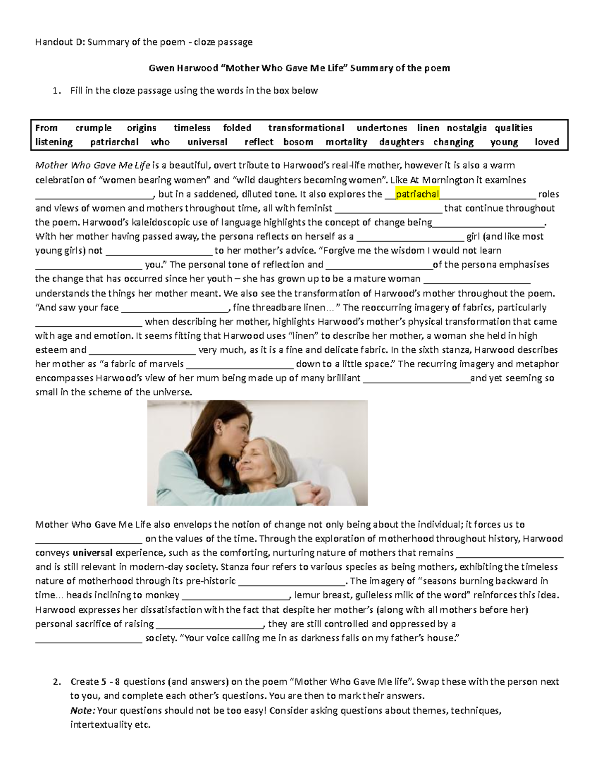 Handout 14 Cloze Mother WGML - Handout D: Summary of the poem - cloze ...